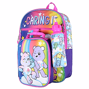 Carebears Caring Is Magic 16" Backpack Lunch Tote Water Bottle Sticker Set 5 Pc Mega Set
