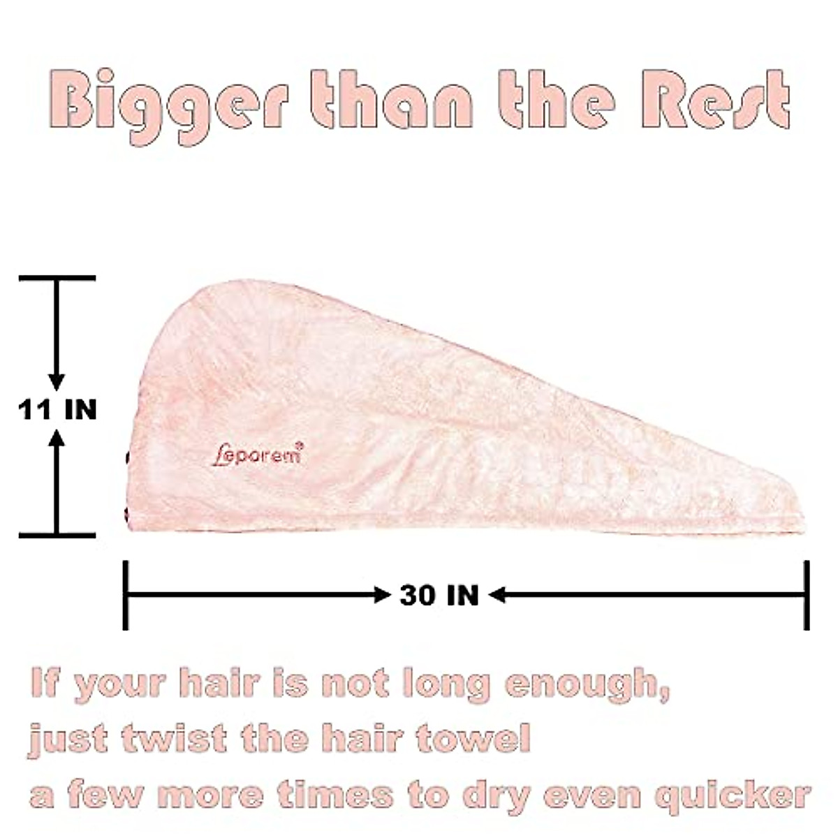 Leporem 3 Pack Microfiber Hair Towel - Extra Large (30 inch X 11 inch) Super Absorbent & Quick Dry Hair Turban for Curly, Long & Thick Hair, Anti Frizz, Hair Repair Towel Wrap for Women, Kids