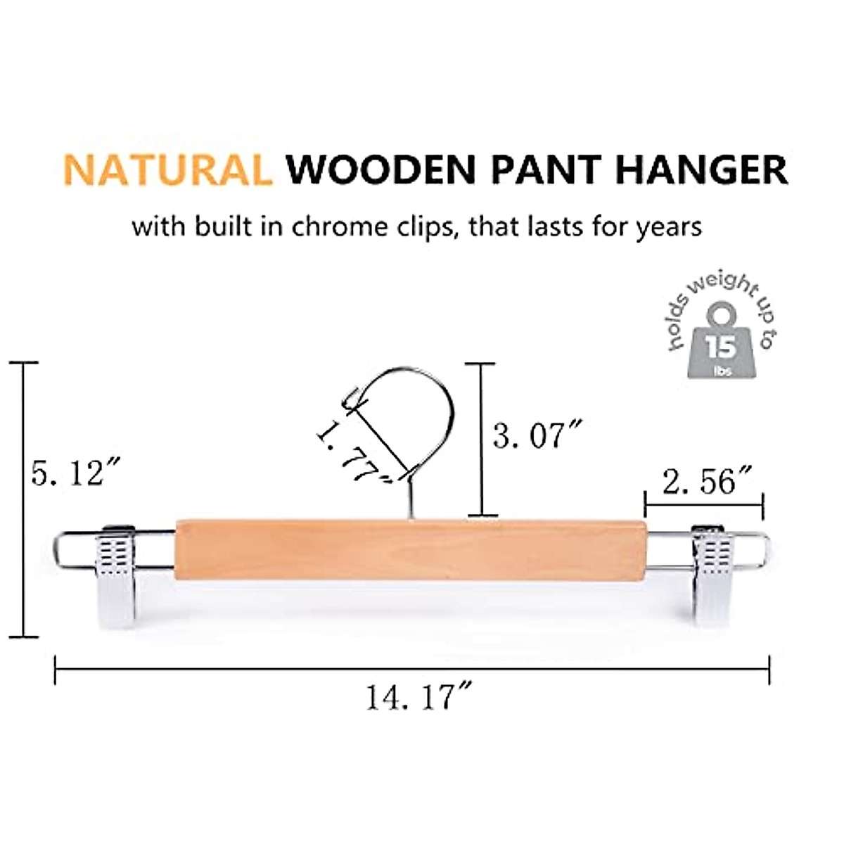 Amber Home 14.17" Solid Natural Wooden Pant Skirt Hangers 10 Pack, Bottom Hangers for Slacks Trousers Jeans with 2-Adjustable Anti-Rust Clips (Natural, 10 Pack)
