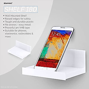 5.4" Adhesive Small Floating Shelf for Speakers, Books, Plants, Cameras, Toys, Decor & More, Screwless Wall Shelves, Easy to Install, by Brainwavz (SHELF180, White)