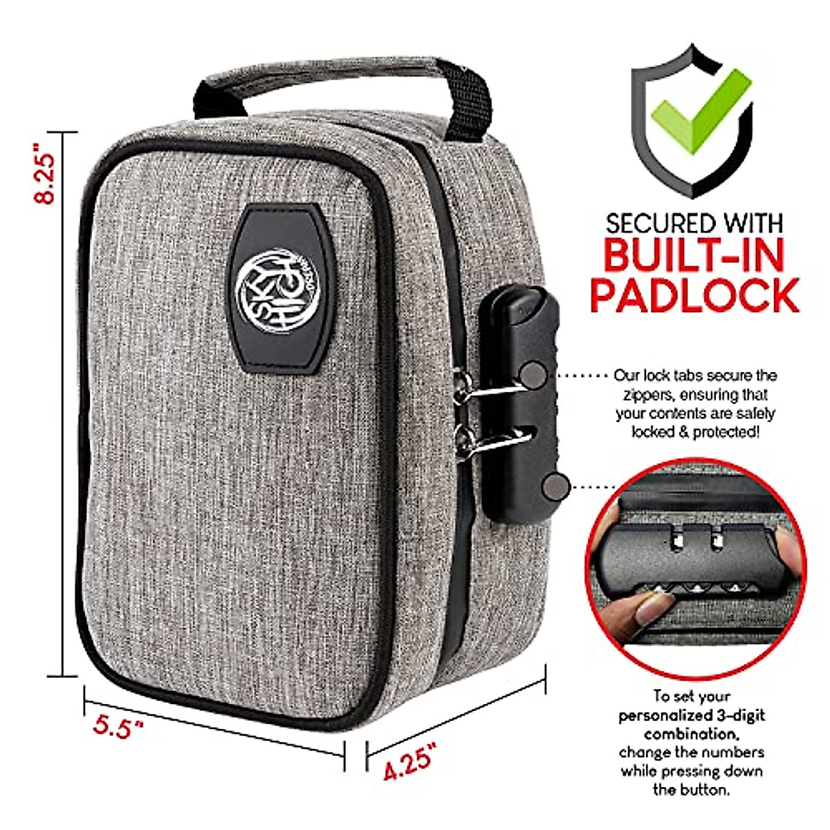 Smell Proof Storage Pouch - Polyester Odor Resistant Container with Easy Grip Handle - Portable Storage Bag with Padded Lock - 3 Digit Combination Lock - Grey