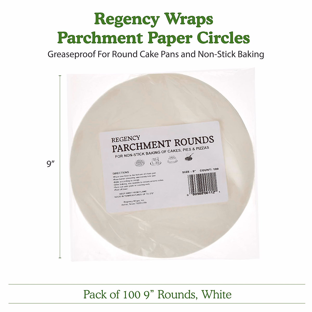 Regency Wraps Parchment Paper Circles For Round Cake Pans, Greaseproof Liners for Non-Stick Baking, 9" (Pack of 100), White