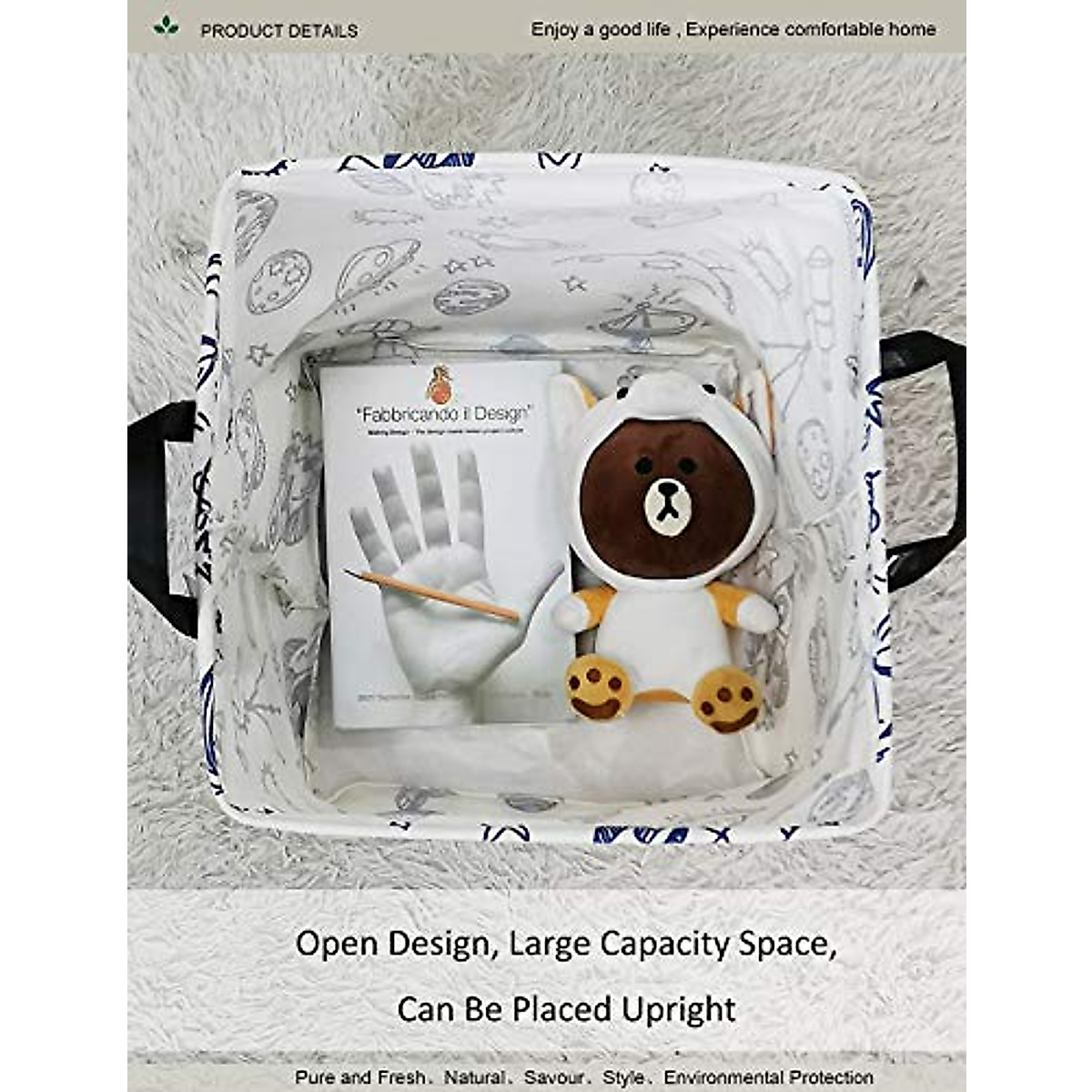 ONOEV Square Fabric storage box, decorative basket and finishing basket with handle are used for the storage of clothes, books and sundries (Blue Planet)