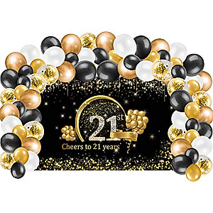 Kauayurk 21st Birthday Banner Backdrop Decorations & Balloon Garland Arch Kit for Boy Girl, Gold Extra Large Cheers to 21 Years Birthday Party Supplies, 21 Birthday Poster Photo Booth