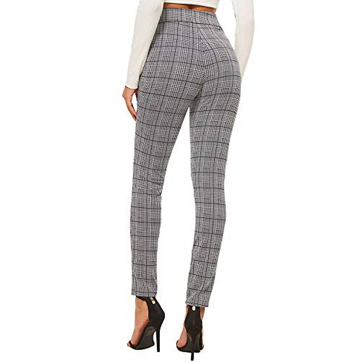 SweatyRocks Women's Casual Skinny Leggings Stretchy High Waisted Work Pants Black White Plaid Medium