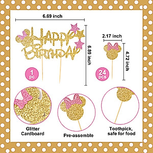 Wolpark 25Pcs Mouse Inspired Cupcake Toppers with Pink Bow Glitter Gold Mouse Cupcake Picks Happy Birthday Cake Topper with Star Mouse Birthday Decorations Party Supplies Wedding Baby Shower