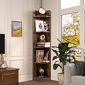 Fun Memories 5-Tier Corner Bookshelf - 63" Tall Modern FreeStanding Corner Bookcase - Durable Wood Corner Cabinet - Perfect for Living Rooms, Bedrooms and Offices - Brown