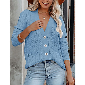 MEROKEETY Women's 2025 Casual Long Sleeve Open Front Cardigan Sweater Solid Color Button V Neck with Pockets,Blue,M
