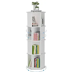 Rotating Bookshelf Tower 360 Display 4 Tier Floor Standing Spinning Bookshelf Revolving Bookcase White for Home Living Room Study Office