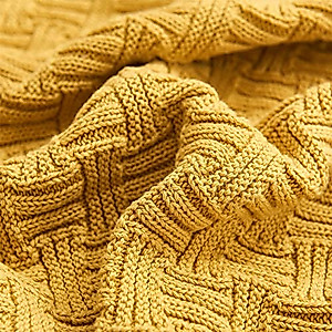 100% Cotton Navy Blue Cable Knit Throw Blanket with Bonus Laundering Bag - Large Thick, 2.5 Pounds,Extra Cozy, Machine Washable, Comfortable Home Decor (Mustard Yellow Stripe Pattern, 60"x80")