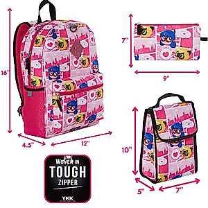 Miraculous Ladybug Cat Noir Backpack Set with Lunch Bag for Girls, 16 inch, 5 Piece Value Set, Pink