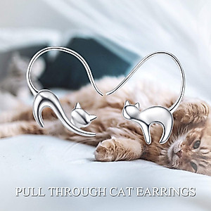 Cat Dangle Earrings 925 Sterling Silver Pull Through Animal Cat Hoop Earrings for Women Grils Christmas Gifts