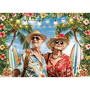 MEHOFOND 7x5ft Summer Hawaiian Beach Photography Background Tropical Luau Photo Backdrop Sky Ocean Palm Tree Surfboard Summer Holiday Sea Beach Party Supplies Aloha Birthday Photo Booth Props