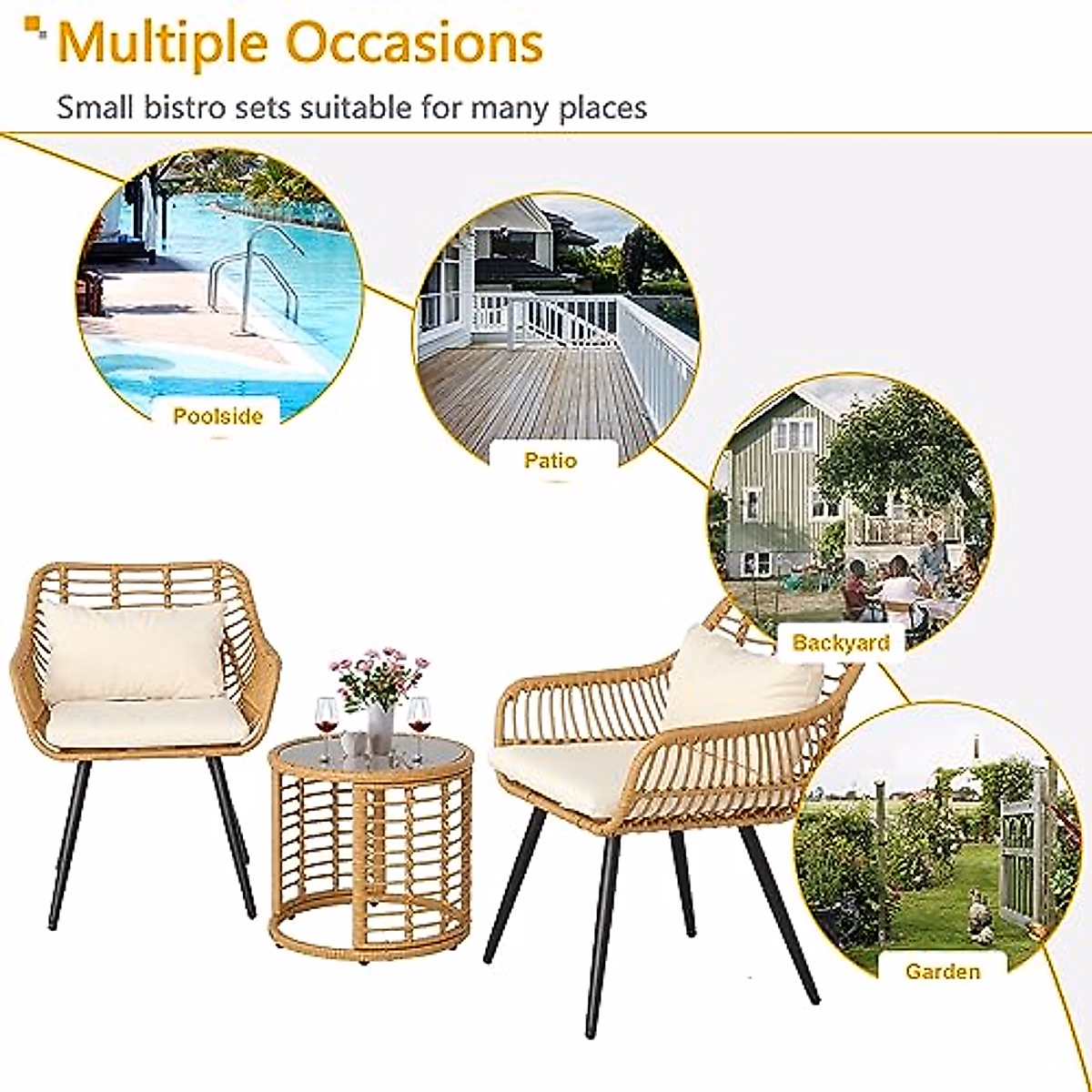 HTTH Outdoor Furniture Bistro Set Patio Conversation Bistro Set Outdoor Woven Rope Table Set Tan Wicker Chat Set with Cushions Patio Furniture Sets for Balcony Garde (S-Beige)