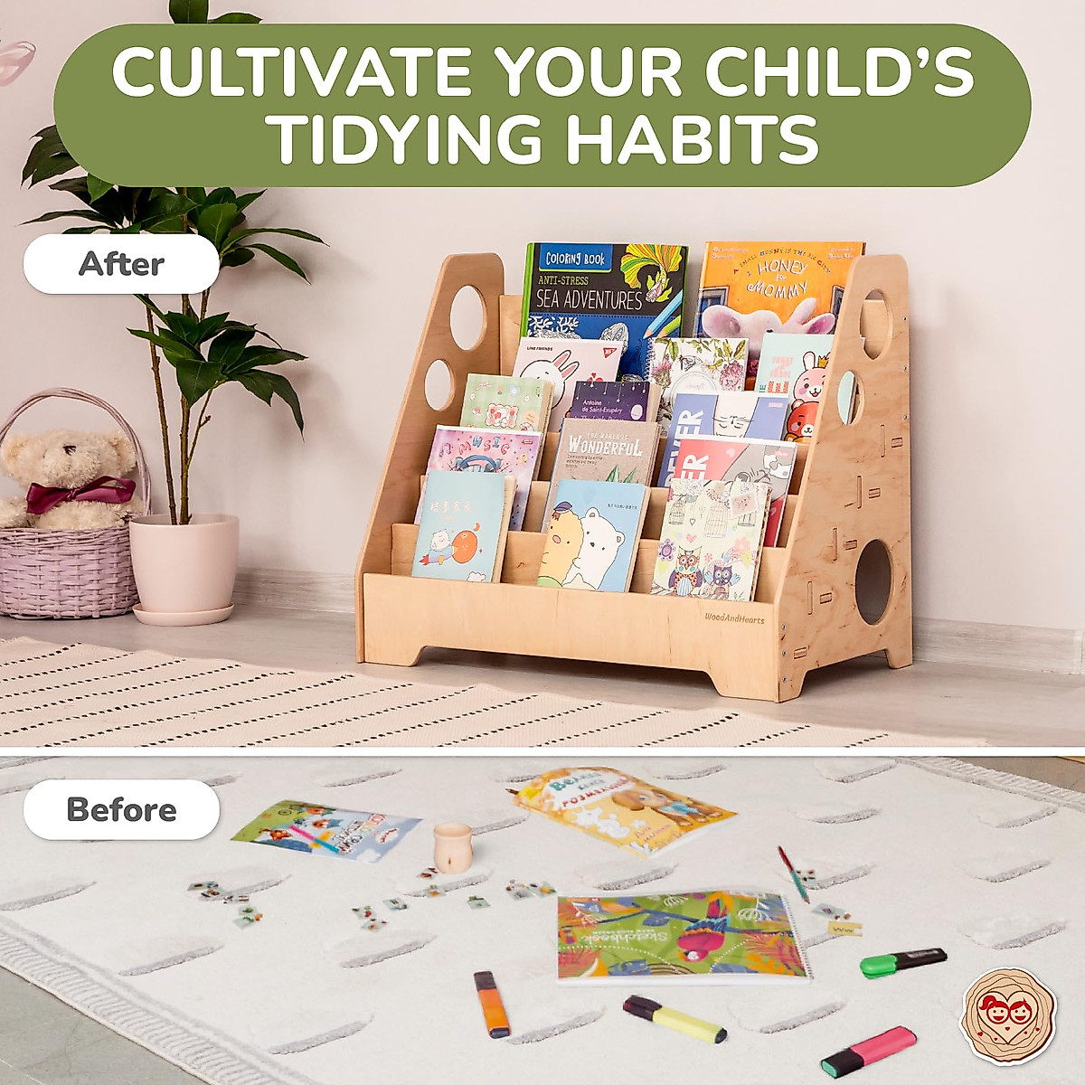 WoodandHearts Kids' Bookcases, Cabinets & Shelves, Nursery bookshelf, Childrens bookshelf, Bookshelf for kids, Montessori Shelf, Preschool Bookshelf, Montessori furniture for 1 year old (Kristi)