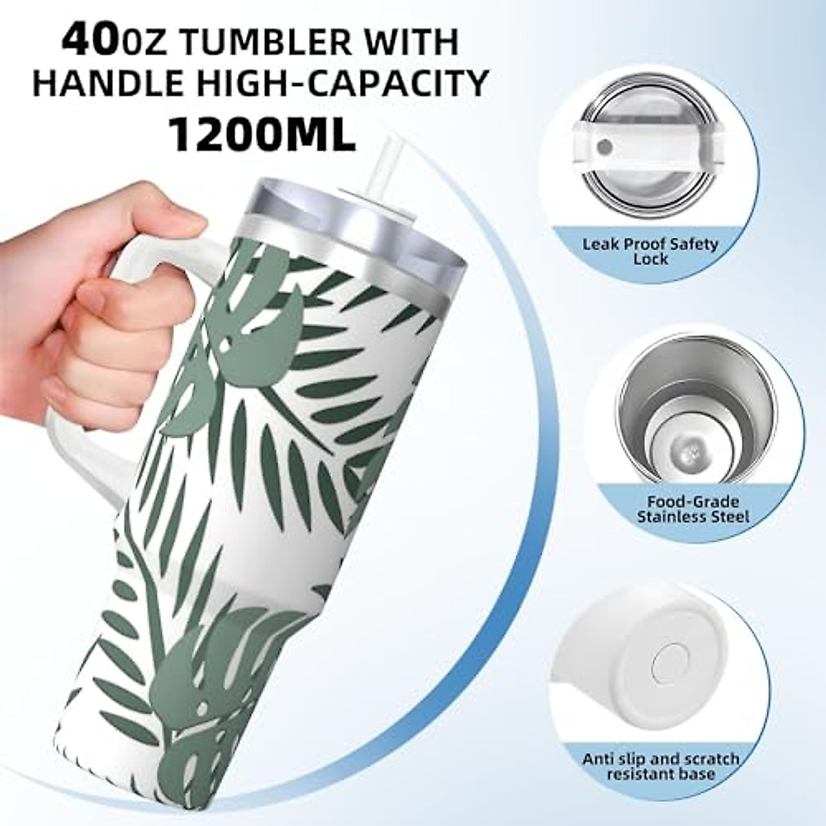 Xiexide 40oz Rustproof Outdoor Green Botanical Palms Leaves Double Walled Vacuum Insulatedith Handle And Straw,Hot & Cold Drinks