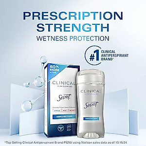 Secret Clinical Strength Antiperspirant Deodorant for Women, 3X Stress Protection, 72hr Sweat & Odor Protection, PH Balancing Minerals, Clear Gel, Completely Clean Scent, 2.6 oz