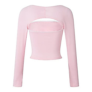 Women Y2k Square Neck T-Shirt Long Sleeve Lace Trim Crop Top Slim Fit Stretchy Blouse Top Aesthetic Clothes(Square 2pcs Pink,Medium)