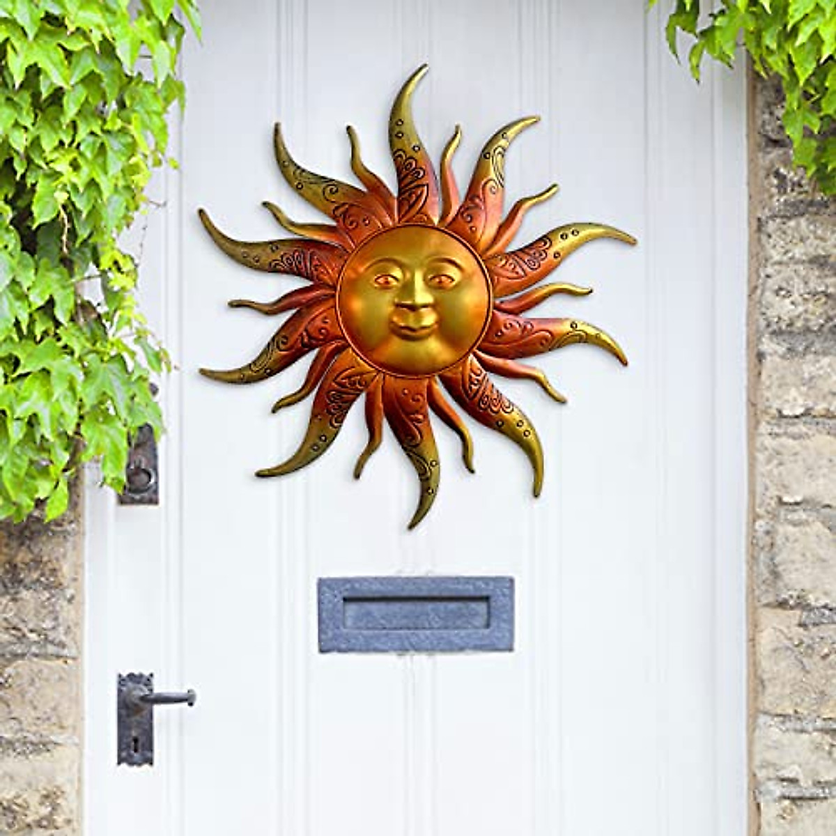 Daogtc Metal Sun Wall Art Decor-17.3 inches Rustic Retro Metal Sun Hanging Decoration for Indoor Outdoor,Metal Sun Art Sculpture for Home Garden Farmhouse Yard Patio Fence Living Room Bedroom(Gold)