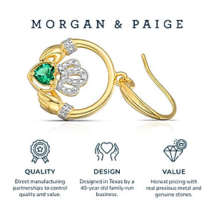 MORGAN & PAIGE 18K Yellow Gold Plated .925 Sterling Silver Created Emerald Diamond-Accent Round Claddagh Heart 1" Drop Earrings (I-J / I3)