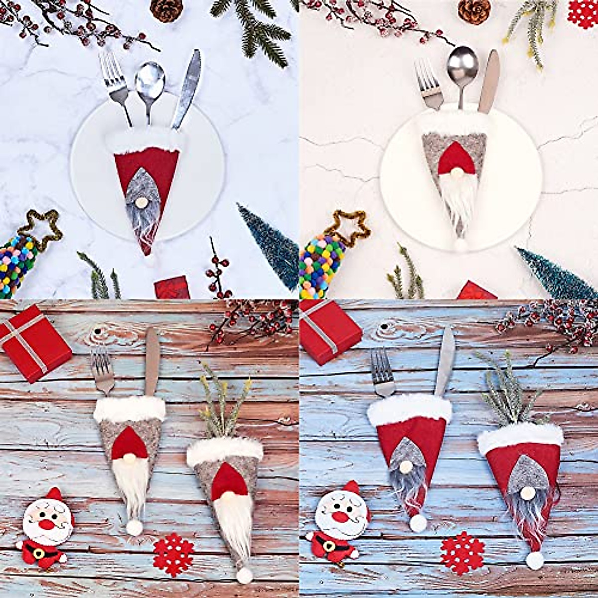 XIMINZ 12Pcs Christmas Santa Hats Silverware Holders, Nordic Santa Gnome Knife and Fork Holder Cover Tableware Bag Cutlery Holder Plush Bag Christmas Party Table Dinner Decor (red+grey)