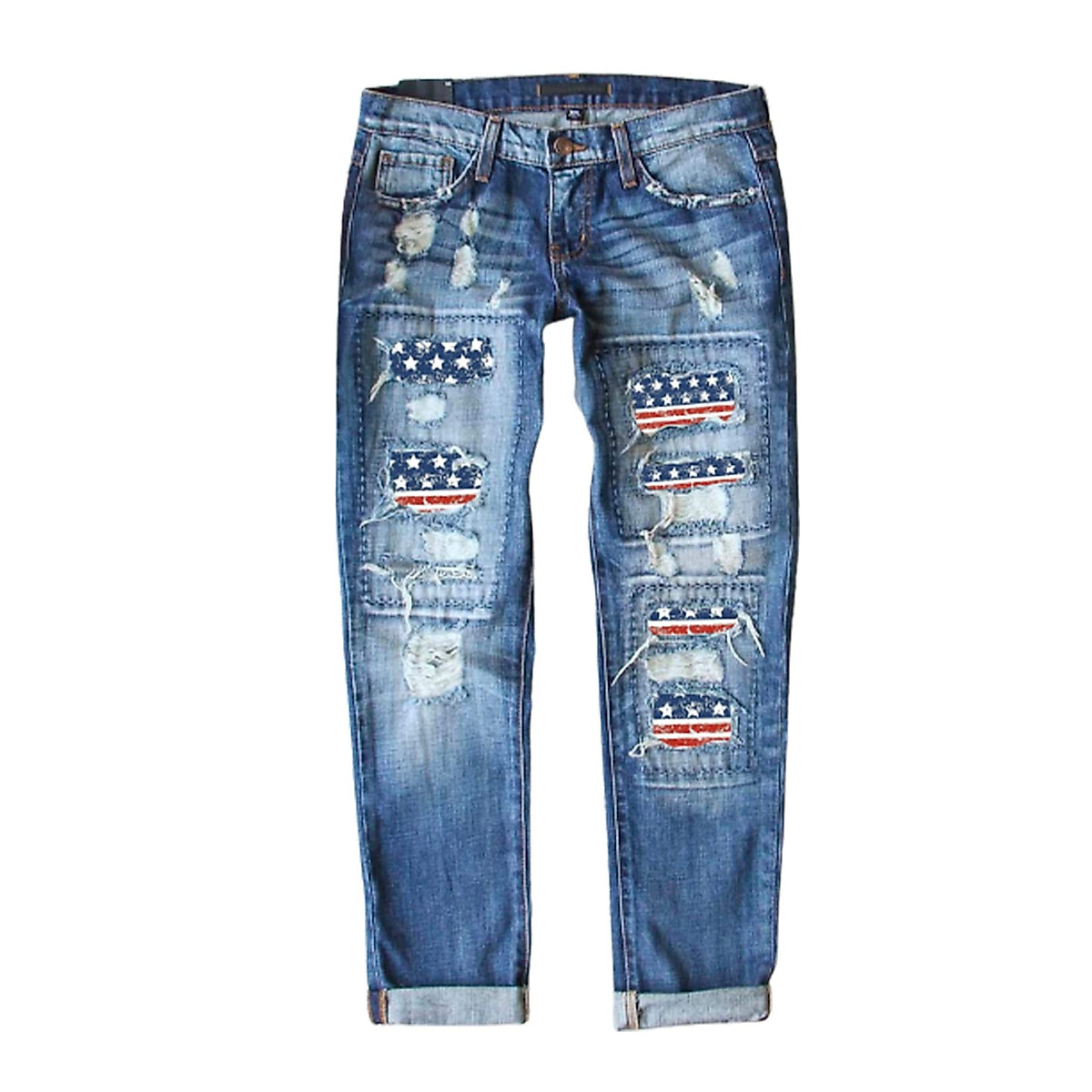 EVALESS Ripped Jeans for Women Plus Size Boyfriend Distressed Patchwork Print Democracy Mom Jeans 2025 Fashion Wide Leg Losse Baggy American Eagle Denim Pants with Hole Blue XX-Large