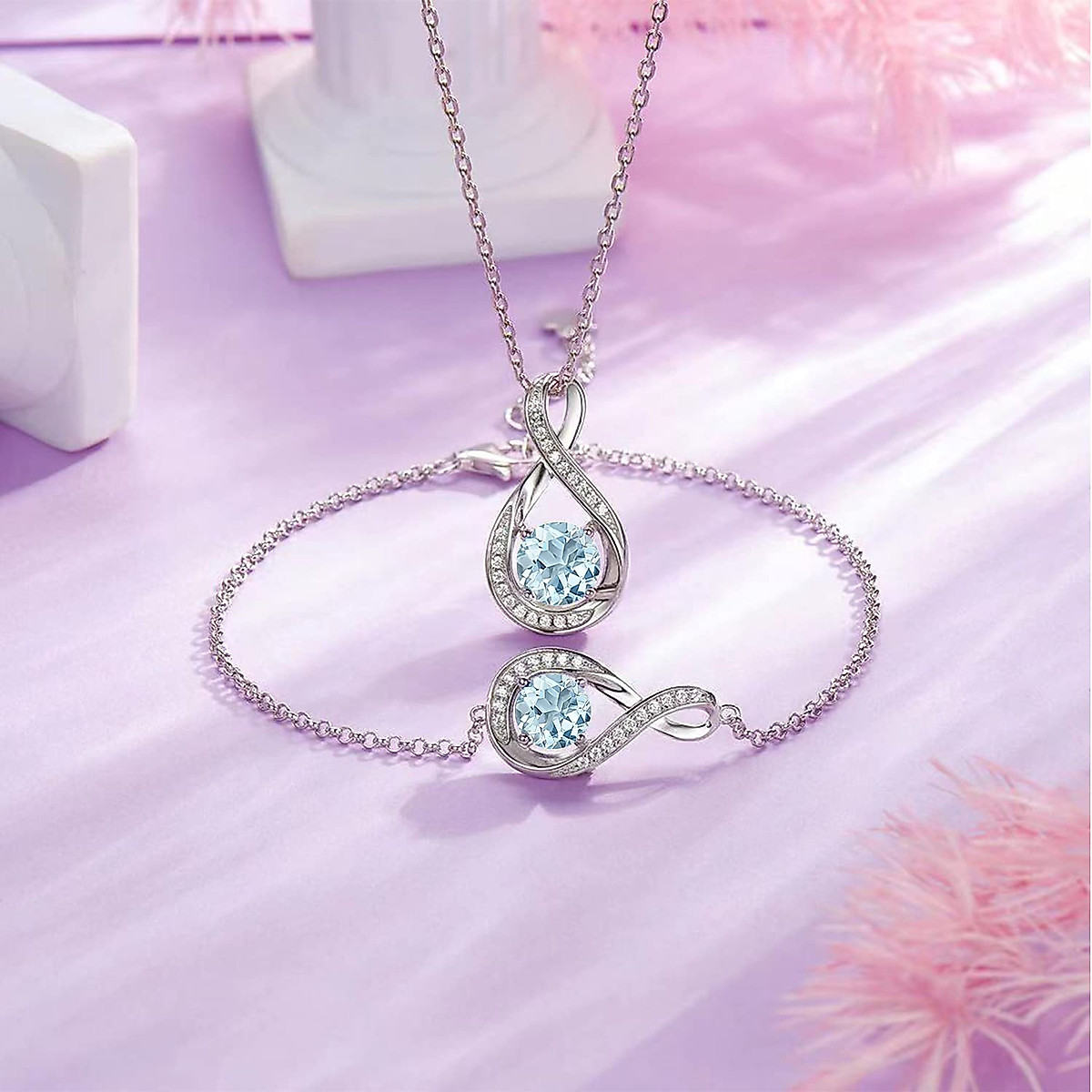 GEMLANTO 925 Sterling Silver Created Aquamarine Necklace March Birthstone Necklaces for Women Birthday Anniversary Jewelry Gifts for Mom Her Women, Adjustable Chain 16+2 inch