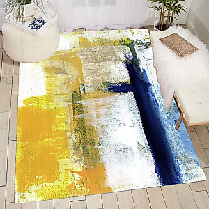Mamatong Contemporary Modern Abstract Blue Yellow Vibrant Area Rug 5x7 Ultra Soft Wool Aesthetic Rug for Living Room Bedroom Dining Office Art Deco Floor Rug Kitchen Hallway Runner