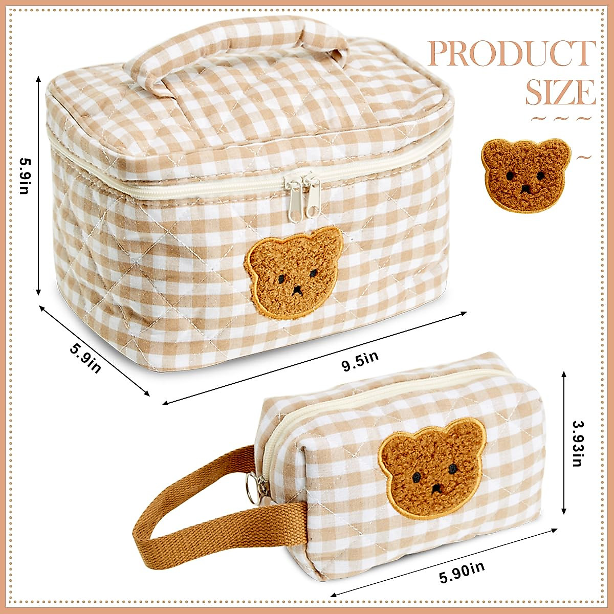 AIPJOY Kawaii Cotton Checkered Makeup Bag,Large Quilted Coquette Travel Cosmetic Bag,Cute Aesthetic Pouch Purse Toiletry Bag For Women（2pcs）