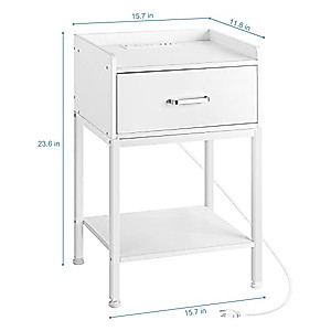 OYEAL White Nightstand, End Table with Charging Station 2-Tier Side Table with Drawer and Storage Shelf, Small Bedside Night Stand for Bedroom, Living Room, Easy Assembly, White