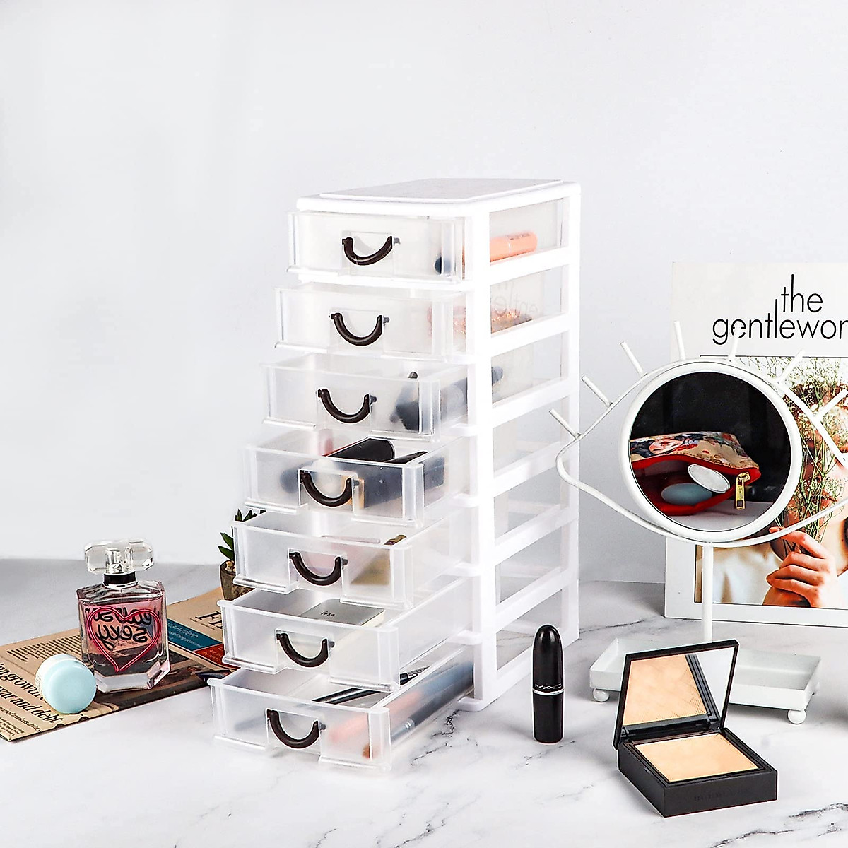 Rempry 7.1"x5.1"x13.2" Mini Organizer Box Storage Container Case with 7 Clear Desktop Drawer Units,White