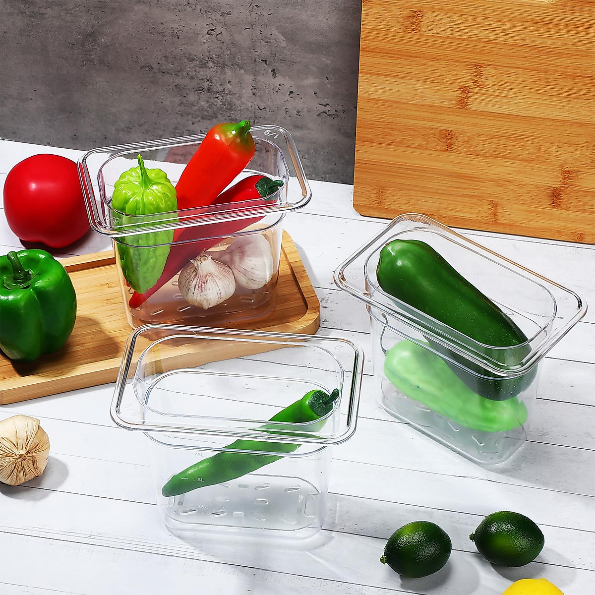 Sunnyray 6 Set 1/9 Size Polycarbonate Food Pans with Lids and Drain Shelf Deep Square Food Storage Containers for Kitchen Restaurant Fruit Vegetable Food Storage (6 inch deep)