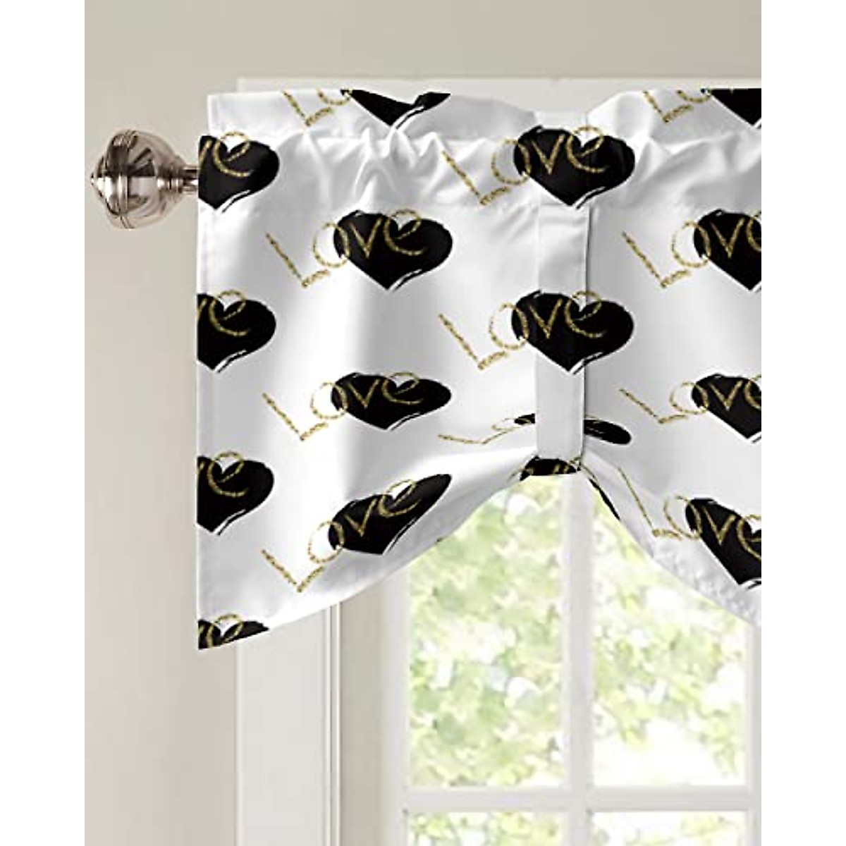 Tie-Up Valance Curtains for Window - Happy Valentine's Day Gold Love Black and White Heart Kitchen Valance - Light Filtering Valance Curtains Short Curtains with Adjustable Tie 42"x12"