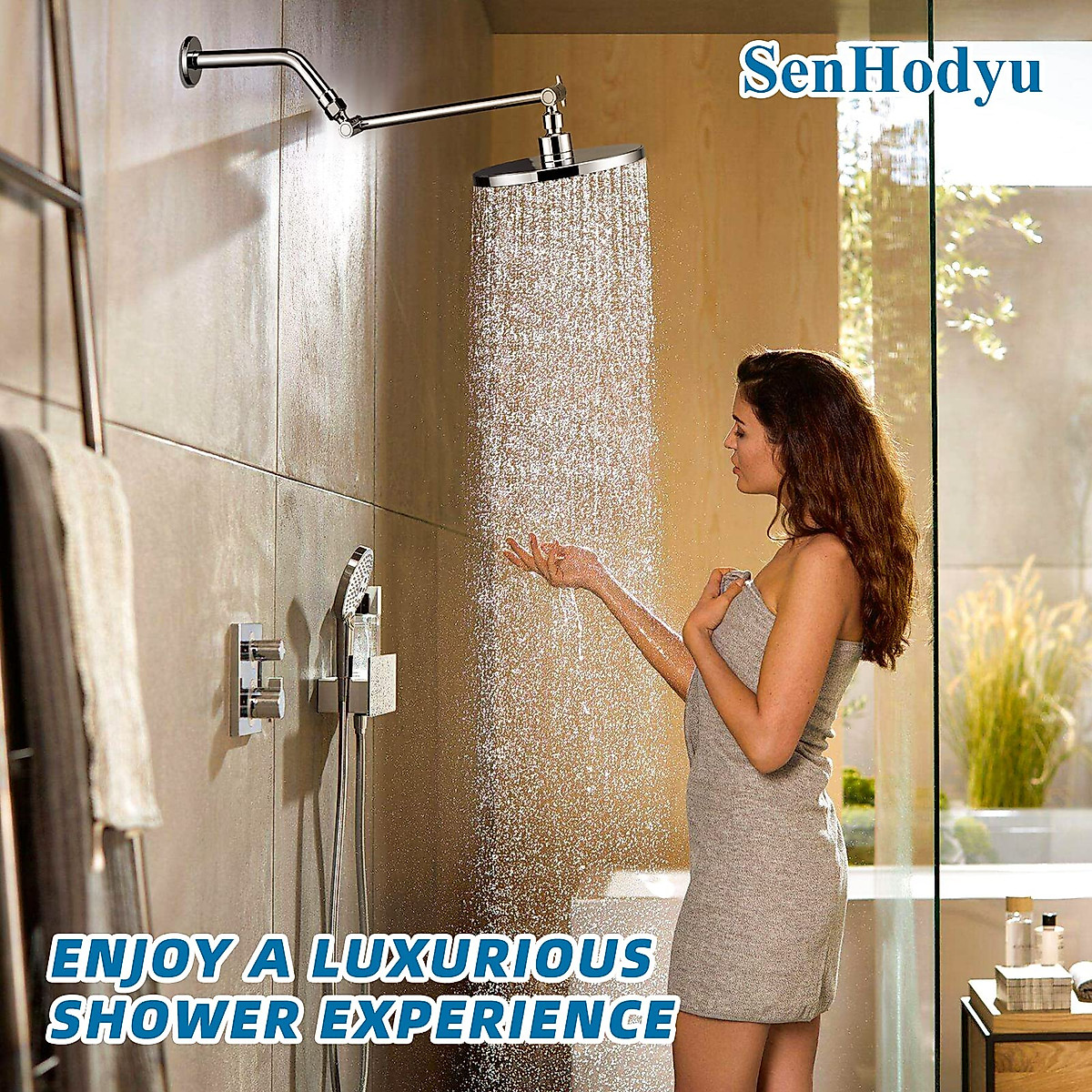 Adjustable Shower Head Extension Arm by SenHodyu - 16" Solid Brass Shower Arm Extension with Lock Joints, Universal Connection to Rain Shower Heads, Easy to Install (Luxury Polished Chrome)