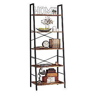 Yusong Bookshelf, Ladder Shelf 5-Tier Bookcase for Bedroom, Industrial Book Shelves Storage Rack with Metal Frame for Home Office, Rustic Brown