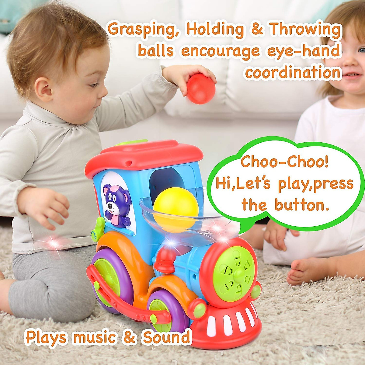 Kidpal Toddler Boy Toys Age 1-2, Baby Toy Train for 12-18 Months with 3 Balls, Light/ Chase/ Ball Popper/ Music Early Educational Toys for 1 2 3 Year Old Boys& Girls Christmas Birthday Gifts