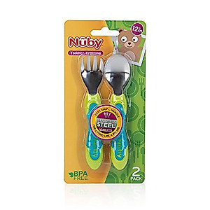 Nuby 2 Piece Stainless Steel Utensil, Blue/Green, 2 Count
