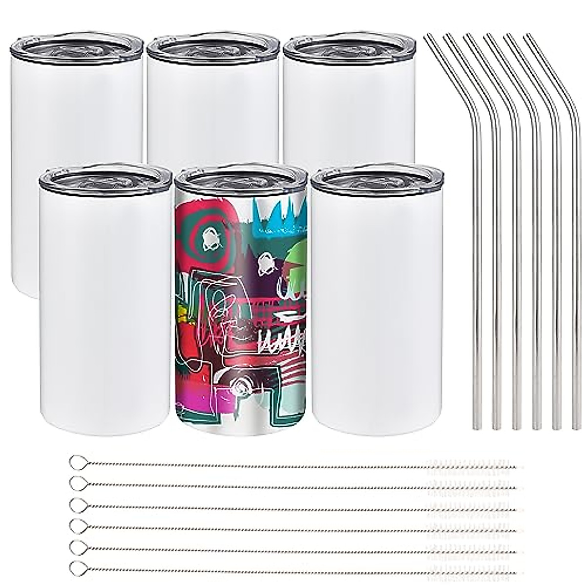 JYLJINGYULI 6pcs 12 oz Sublimation Tumblers Blanks, 12oz Sublimation Tumbler Cups Blank for Kids Bulk, Straight Skinny Insulated Cup Stainless Steel Water Bottle with Lid and Straw for Craft DIY