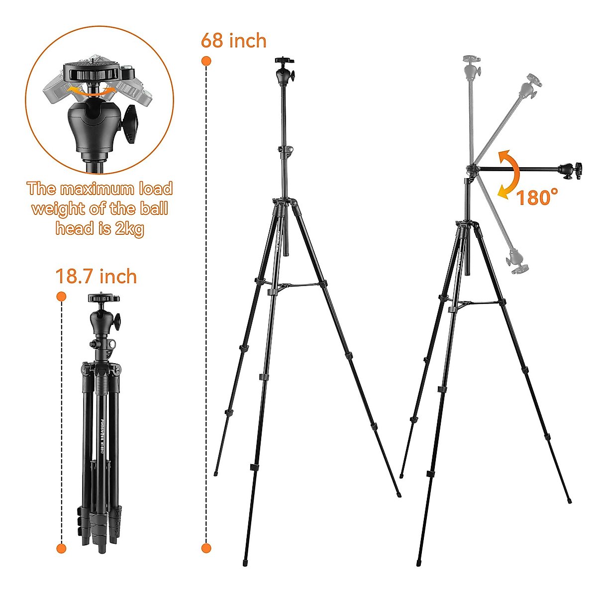 PHOSNOVA 68" Cell Phone Tripod,Overhead Camera Tripod Stand with Remote,360° Rotation Horizontal Extendable Arm iPhone Stand for Recording/Webcam