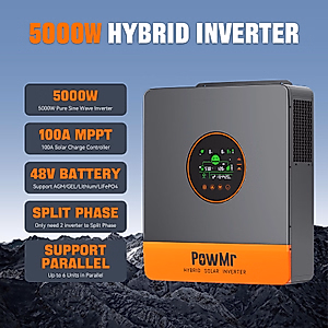 PowMr 5000W Hybrid Solar Inverter 48V DC to 110V/120V/208V/240V AC, Single &Split &Three Phase Pure Sine Wave Inverter with 100A MPPT Controller, Support Parallel, for 48V LiFePO4/Li/GEL/AGM Battery
