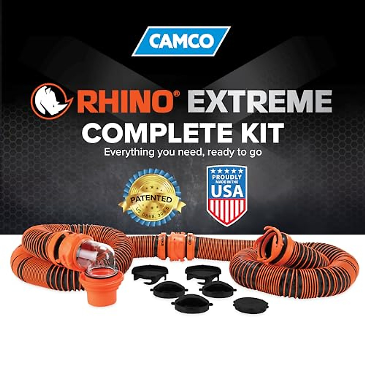 ﻿﻿Camco RhinoEXTREME 20-Foot Camper / RV Sewer Hose Kit - Premium Sewer Kit - Pre-Assembled & Ready-to-Use - Includes 4-in 1 Dump Station Adapter & Storage Caps - Crush & Abrasion Resistant (21012)