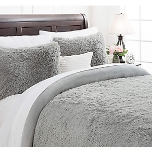 Chanasya Premium Long Fur Duvet Cover Set - Faux Fur & Minky Blanket Duvet Cover (104” x 90”) & 2 Pillow Shams (20” x 36”) - 3-Piece Set, Gray, King