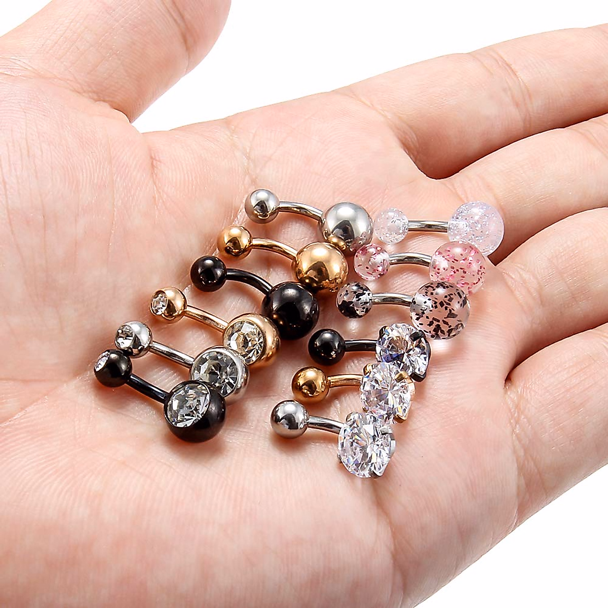 Dyknasz 14G 6MM (1/4") Short Length Surgical Steel Belly Button Rings Clear Diamond CZ Navel Ring Body Piercing Jewelry for Women Men 12 Pieces Silver-Tone Rose Gold Black