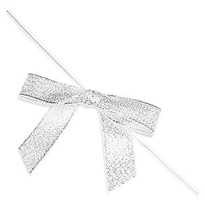 Silver Satin Bow Twist Ties for Treat Bags (100 Pack)