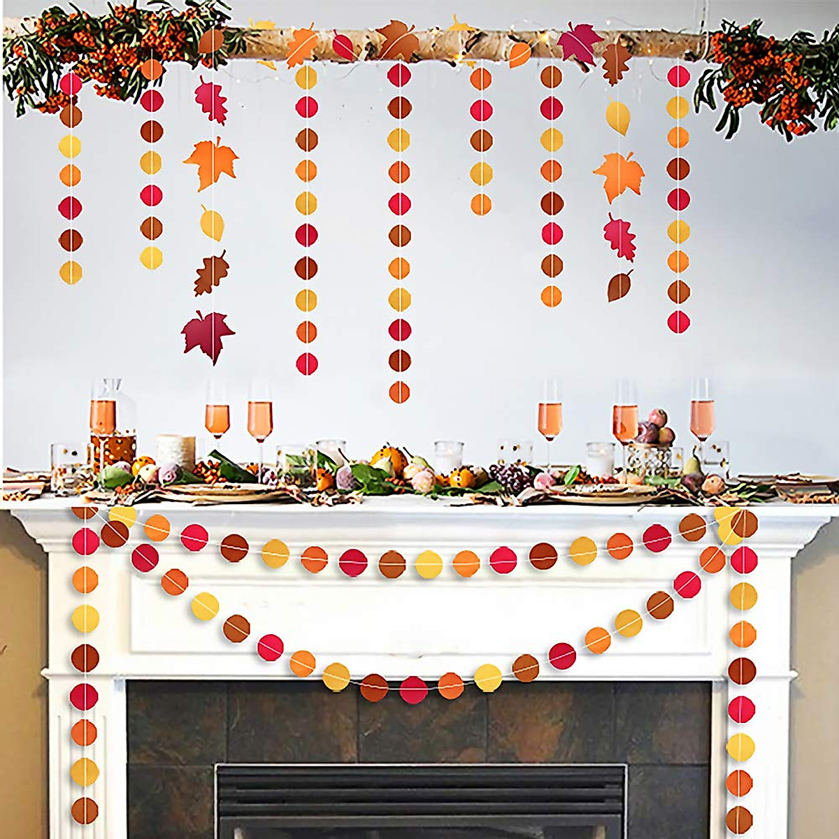 Thanksgiving Day Decoration Garland Fall Leaves Circle Dots Paper Streamers (3Pcs 157 inches) for Giving Thanks Party, Hanging Bunting Banner Backdrop Decorations for Autumn Party Supplies