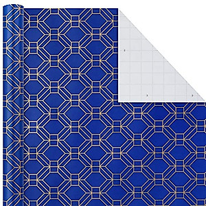Hallmark All Occasion Wrapping Paper Bundle with Cut Lines on Reverse - Dark Blue and Gold Stripes (3-Pack: 105 sq. ft. ttl.) for Christmas, Hanukkah, Birthdays, Graduations, Father's Day, Weddings