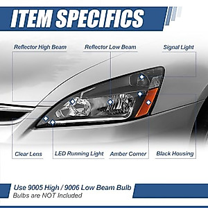 Auto Dynasty [Halogen Model Factory Style L-Styling LED DRL Headlights Assembly with Compatible with Honda Accord 7th Gen UC1 03-07, Driver and Passenger Side, Black Housing Amber Corner