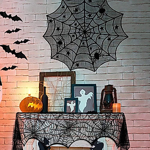 4 Pack Halloween Decorations Tablecloth Runner Black Lace Round Spider Cobweb Table Cover Fireplace Mantel Scarf Spiderweb with 60 Pcs 3D PVC Scary Black Bat Sticker Halloween Party Supplies