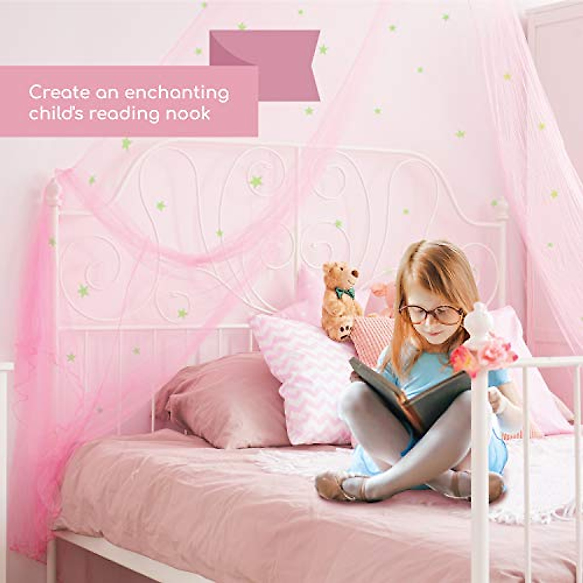 Bollepo Pink Bed Canopy for Girls with Glowing Stars - Princess Crib Netting Room Decor, Ceiling Tent to Cover Toddler Crib | Single, Twin, Full, Queen Size Kids Bed Curtains, Fire Retardant Fabric