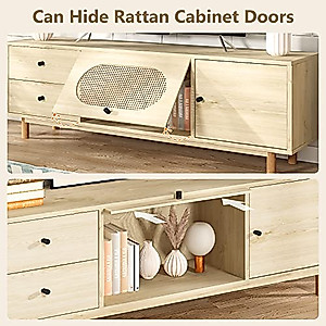 AWQM Rattan TV Stand for 70 Inch TV, Entertainment Center Cabinet with 2 Drawers and Cabinet Storage, Farmhouse TV Console Table for Living Room or Media Room, Oak